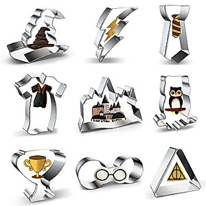 Witchcraft and Wizardry Cookie Cutters Set 9-Piece Halloween Witch and Wizard Cookie Cutter with Witch's Hat, Glasses, Lightning Bolt, Owl, Magic Castle, Triangle, Goblet of Fire Cup, Robe and Tie