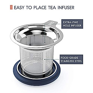 immaculife Tea Cup with Infuser and Lid for Steeping Loose Leaf Tea Bag Coffee Milk Women Office Home Gift 16oz Navy Floral Print