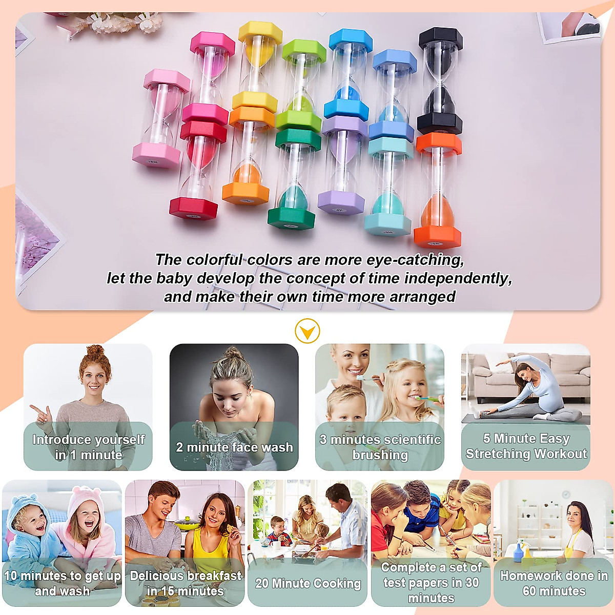 13 Pcs Sand Timer 5.12 Inch Hourglass Timer 30 Second, 1/2/3/5/8/10/15/20/25/30/40/60 Minutes Colorful Sand Watch for Kids Acrylic Covered Clock Sandglass Timer for Classroom, Home, Kitchen