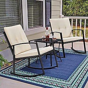 Yaheetech 3-Piece Patio Furniture Set, Outdoor Rocking Chairs Bistro Set, 2 PE Rattan Chairs with Glass Coffee Table Wicker Furniture Set - for Garden Balcony Backyard Poolside