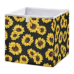 RunningBear Black Sunflowers Storage Basket Storage Bin Square Collapsible Toy Bins Cloth Baskets Containers Organizer for Closet Shelf Car