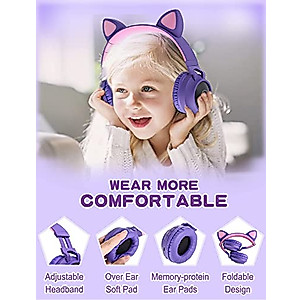 Usoun Kids Wireless Headphones,Cat Ear LED Light Up Wireless Foldable Headphones Over Ear with MIC,Stereo Sound,FM Radio/TF Card,Childrens Headset for Boys Girls Adults,School Study Home (Purple)