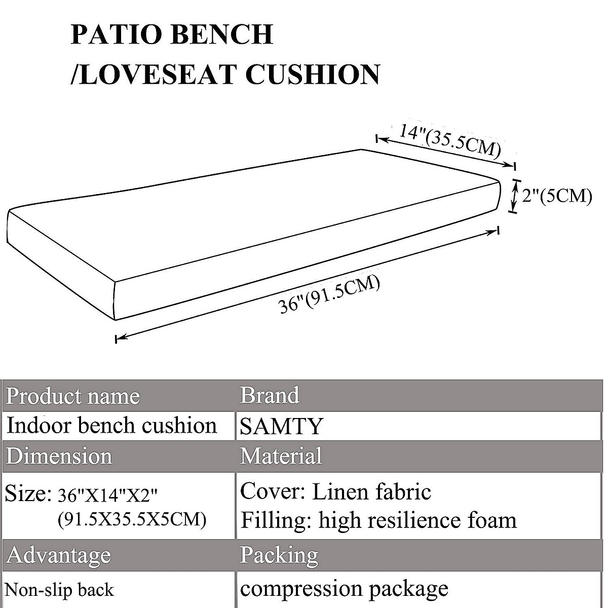 Piano Bench Cushions Memory Foam Chair Pads Non-Slip Bottom Indoor Shoe Storage Settee Seat Cushion for Patio Picnic Table 36 x 14 inch, Grey