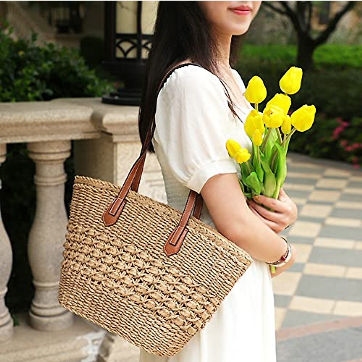 Women’s Straw Tote Bag Natural Woven Straw Beach Shoulder Bag Large Capacity Casual Handbags for Vocation