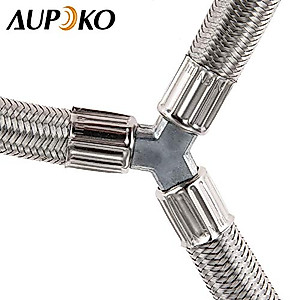 Aupoko Adjustable Propane Regulator Stainless Braided Hose 0-30 PSI with Gauge, 2 Y-Splitter Hose QCC1/Type1 to 3/8" Female Flare Fitting, for Heaters/Grills, Fire Pit High Pressure Regulator Valve