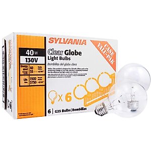 SYLVANIA Incandescent G25 Décor Globe Light Bulb, 40W, Dimmable, E26 Medium Base, Clear, 2850K, Warm White - 6 Pack (14191)