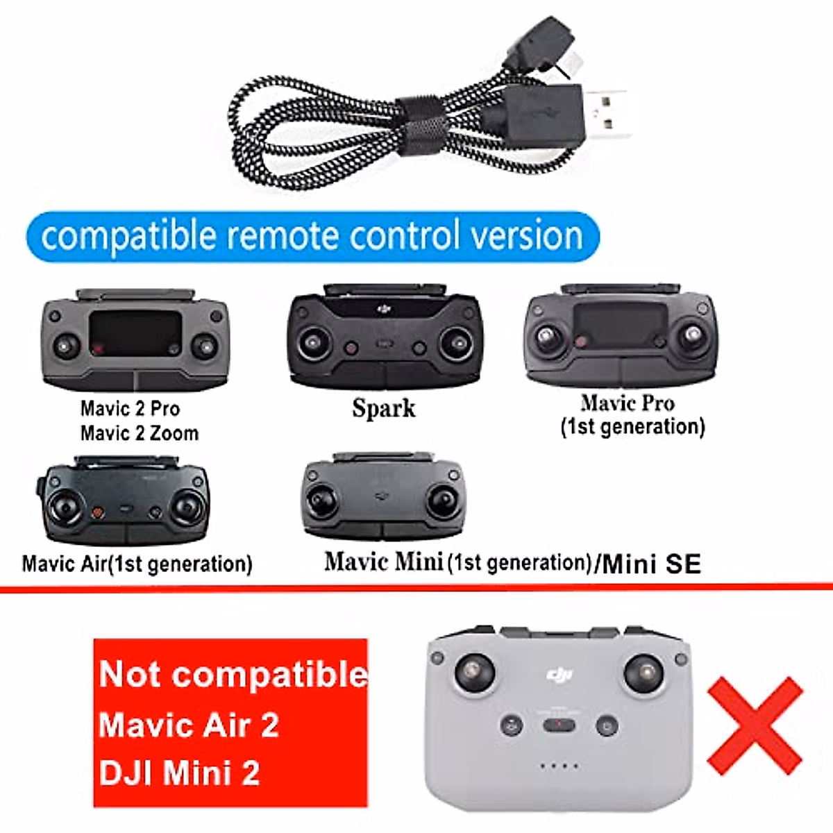 Hanatora Nylon Braided Remote Controller USB Charging Cable Cord for DJI Mavic 2 Pro/Zoom,Mavic Mini,Mini SE,Mavic Pro,Mavic Air,Spark Drone,Control Accessories