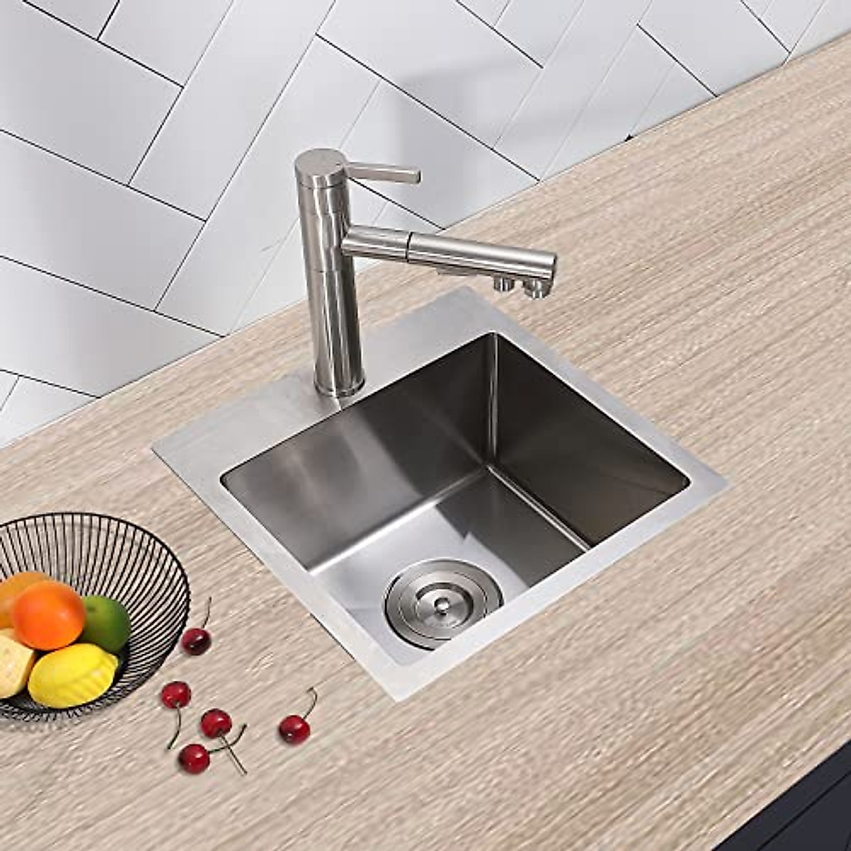 VCCUCINE Drop in Bar Sink, 15 x 15 Inch Topmount RV Small Kitchen Sink, Handmade Stainless Steel Wet Bar Sink, Outdoor Single Bowl, Brushed Nickel Prep Sink with Accessories