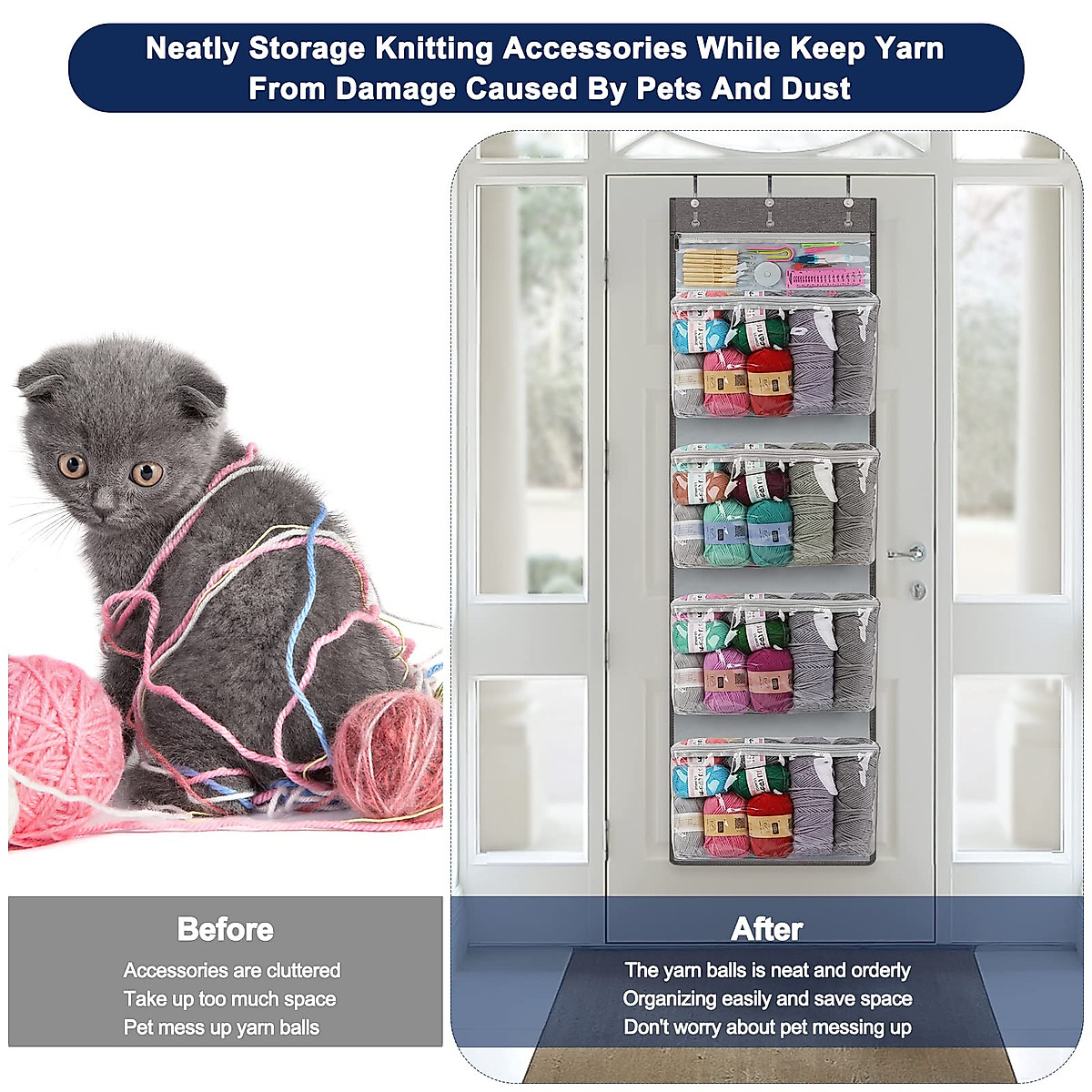 Katech Hanging Yarn Storage Organizer, Large Capacity Knitting Organizer Storage with 5 Zipper Closure Compartments for Yarn Enthusiasts, Hanging Yarn Storage Bag for Crochet Hooks, Yarn Balls