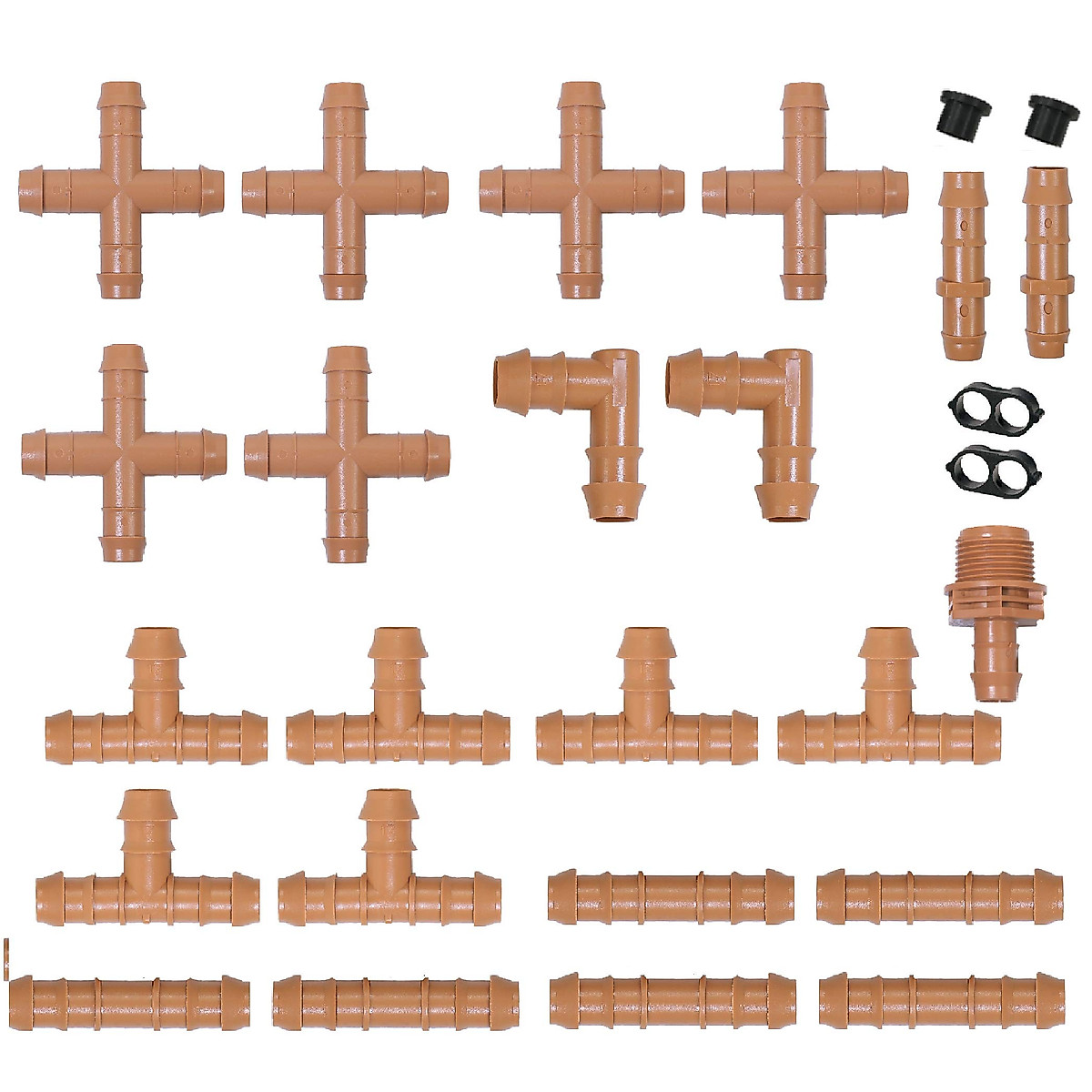 APT 1/2 Inch Drip Irrigation Fittings. 27 Count Full Irrigation System Connectors. Set of Faucet Adapter, Elbow, Transfer, Tee, End Plug, Cross and Gourmet. Also fits 17 MM Hose.