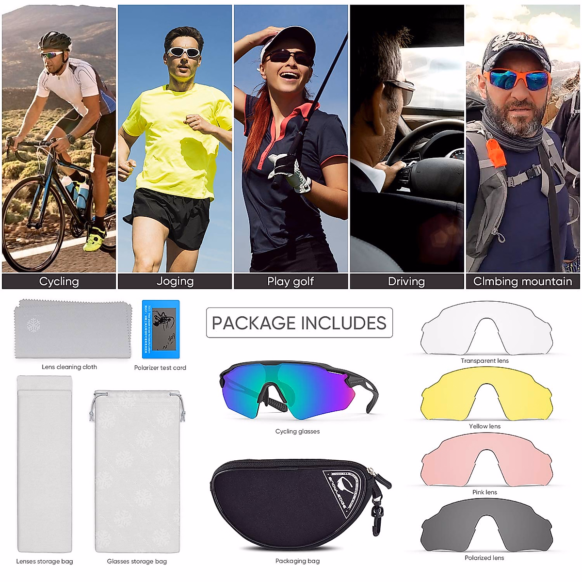 Snowledge Cycling Glasses with 5 Interchangeable Lenses, Mens Womens Polarized Sports Sunglasses, Running Baseball Cricket Sunglasses