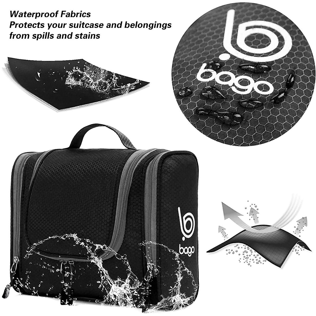 bago Travel Toiletry Bag for Women and Men - Large Waterproof Hanging Large Toiletry Bag for Bathroom and Travel Bag for Toiletries Organizer -Travel Makeup Bag (Black)