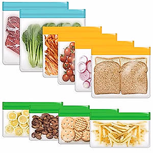 FEXIA 10 Pack Reusable Food Storage Bags (2 Reusable Freezer Gallon Bags, 4 Reusable Sandwich Bags & 4 Reusable Snack Bags) Free Leakproof Ziplock Stash Bags for Food Meat Fruit Veggies