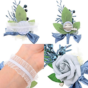 hobbyme 2Pcs Rose Wrist Corsage Wristlet, Blue White Pink Corsage and Boutonniere Set, Artificial Flower Wrist Corsage with Ribbon