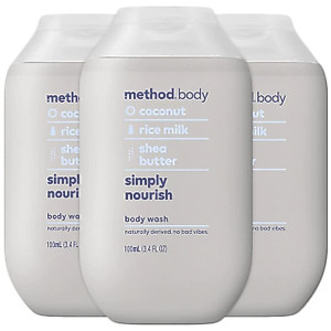 Method Body Wash Simply Nourish, Coconut, Rice Milk and Shea Butter Plant Based Ingredients, Paraben and Phthalate Free, Mini Travel Size 3.4 oz (Pack of 3)