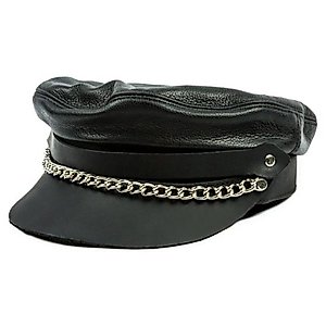 Mascorro Men's Flat Top Genuine Leather Biker Cap with Chain, Black Leather C58