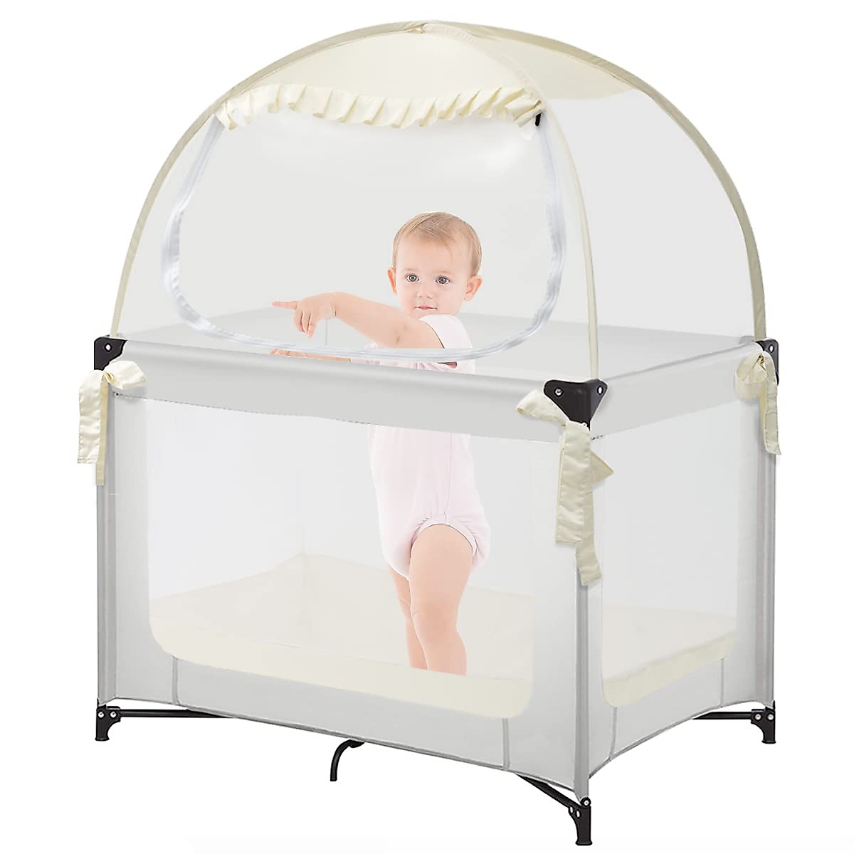 L RUNNZER Pop Up Pack N Play Tent, Baby Crib Net to Keep Baby in, Toddler Mini Crib Canopy for Pack and Play, Mini Cribs & Playard, See Through, Breathable & Portable