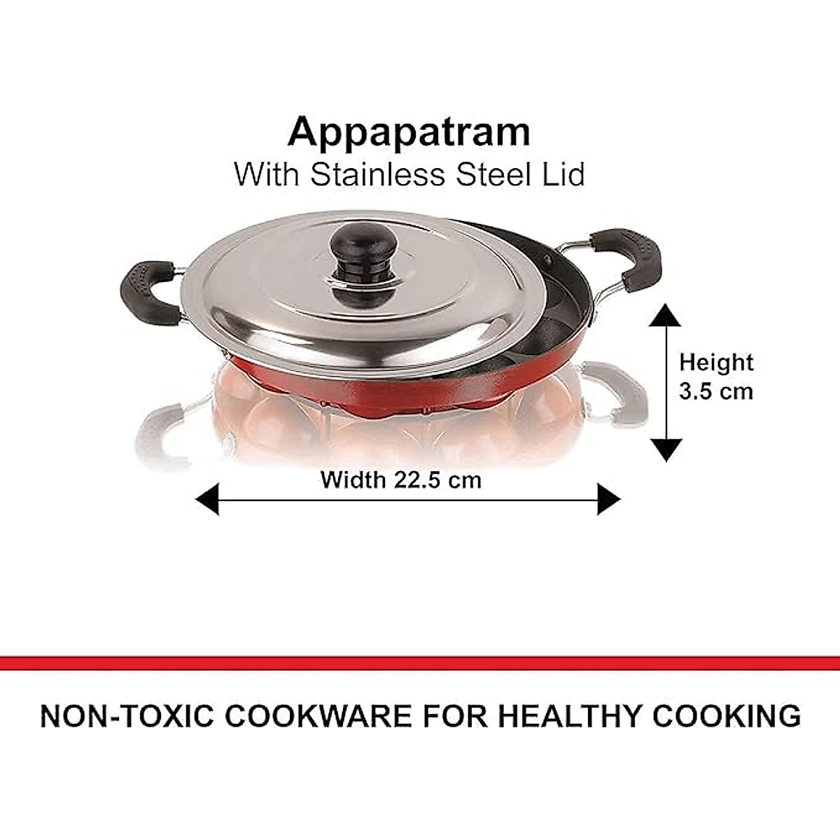 KASHVIYA Heavy 12 Cavities Non Stick Appam Patra With Stainless Lid,Red (Paniyarrakal/Paniyaram/Appam Pan/Maker/Pan Cake Maker), Aluminium (Large Black)(Gas Compatible)