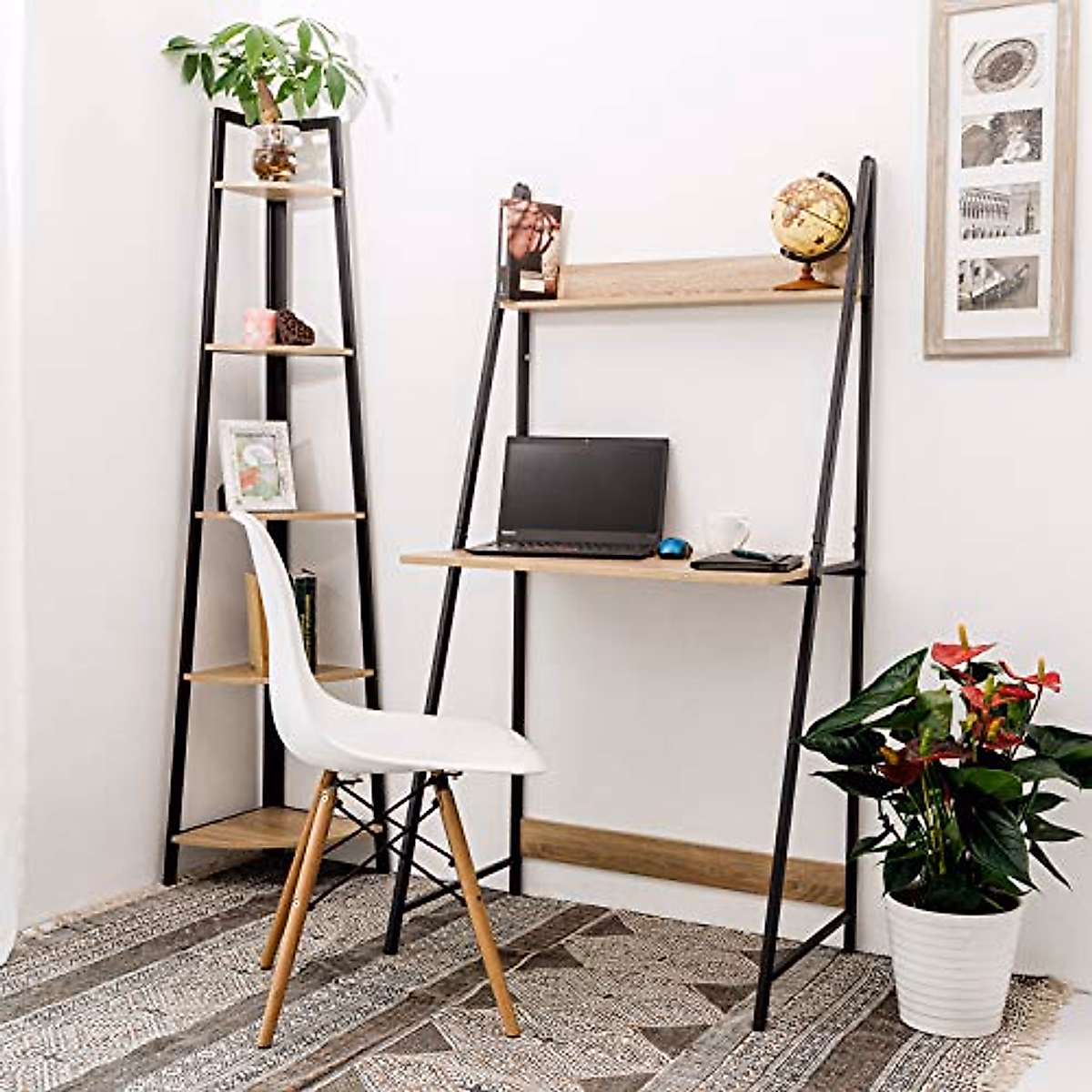 C-Hopetree Ladder Desk with Shelf - Student Study Table - Black Metal Frame