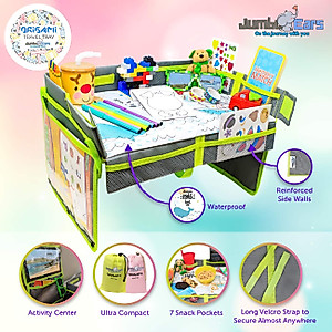 Jumbo Ears Origami Kids Travel Tray Placemat Cover -Gray- Foldable and Easy to Setup with Bonus Portable Multipurpose Side Pockets Organizer for Tablets and Phones Activities or Snacks for Toddler