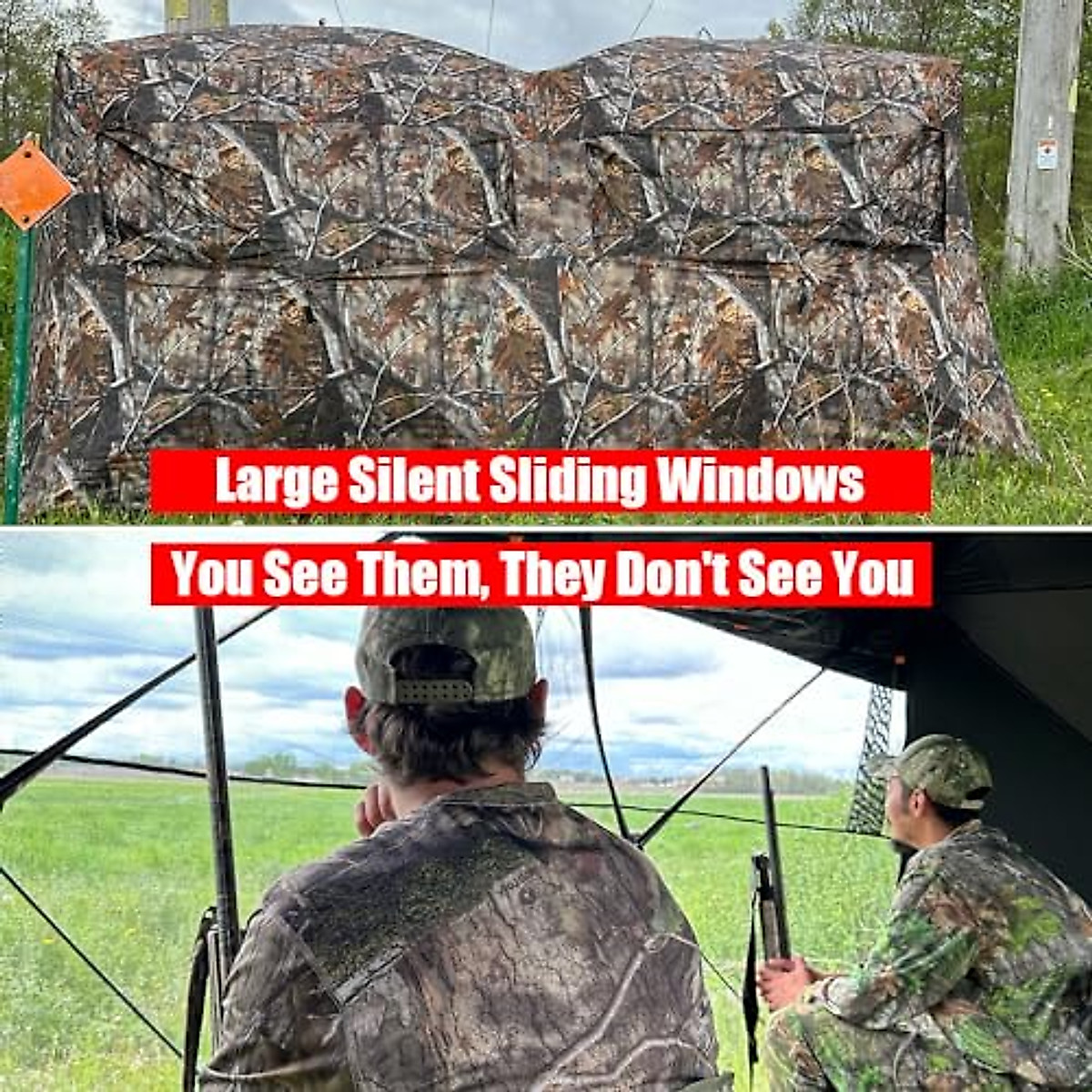 THUNDERBAY Bunkhouse Pop Up Portable Side-by-Side See Through Hunting Blind, 6 Person Wide Bottom 360 Degree See Through Hunting Tent, Footprint: 180"x90" with 80" Height