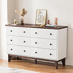 LYNSOM White Dresser for Bedroom, Modern 6 Drawer Double Dresser with Deep Drawers and Gold Knobs, Wood Storage Chest of Drawers for Living Room, Office