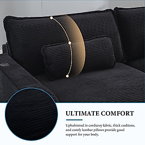 Tmsan 117.7" L Shaped Sectional Sofa with Cup Holders & USB Ports, Modern 3 Seat Cloud Couch with Double Cushions & Ottoman for Living Room, Apartment, Black Corduroy