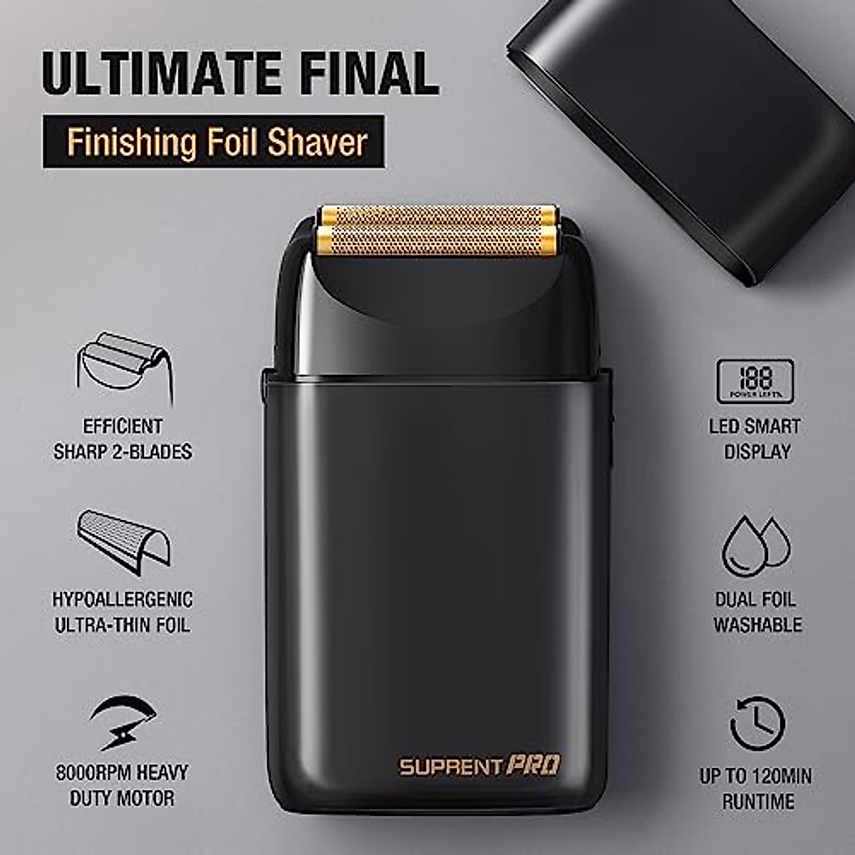 SUPRENT PRO Foil Shaver for Men- Head Shaver for Bald Men- Professional Beard Trimmer with Double Foil Head- Rechargeable Electric Razor for Men- 120Min Runtime- IPX5 Waterproof- Mens Gifts- Black