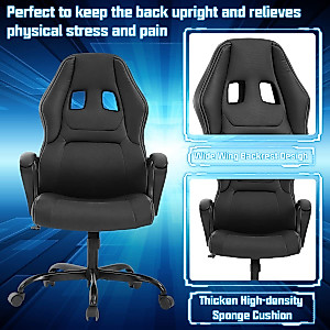Gaming Chair PC Office Chair Ergonomic Gamer Chair PU Leather Executive Computer Chair with Lumbar Support High Back Adjustable Rolling Swivel Desk Chair for Adult Teen, Black