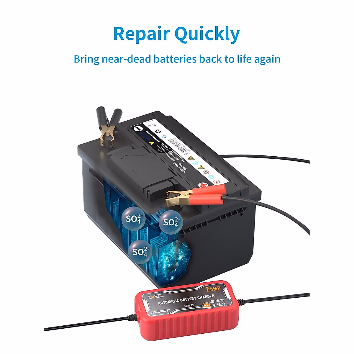 FOVAL 2-Amp Automatic Battery Charger, 6V and 12V Smart Car Battery Charger Maintainer, Trickle Charger and Battery Desulfator for Motorcycle, ATV, Boat, Lawn Mower Lead Acid Batteries