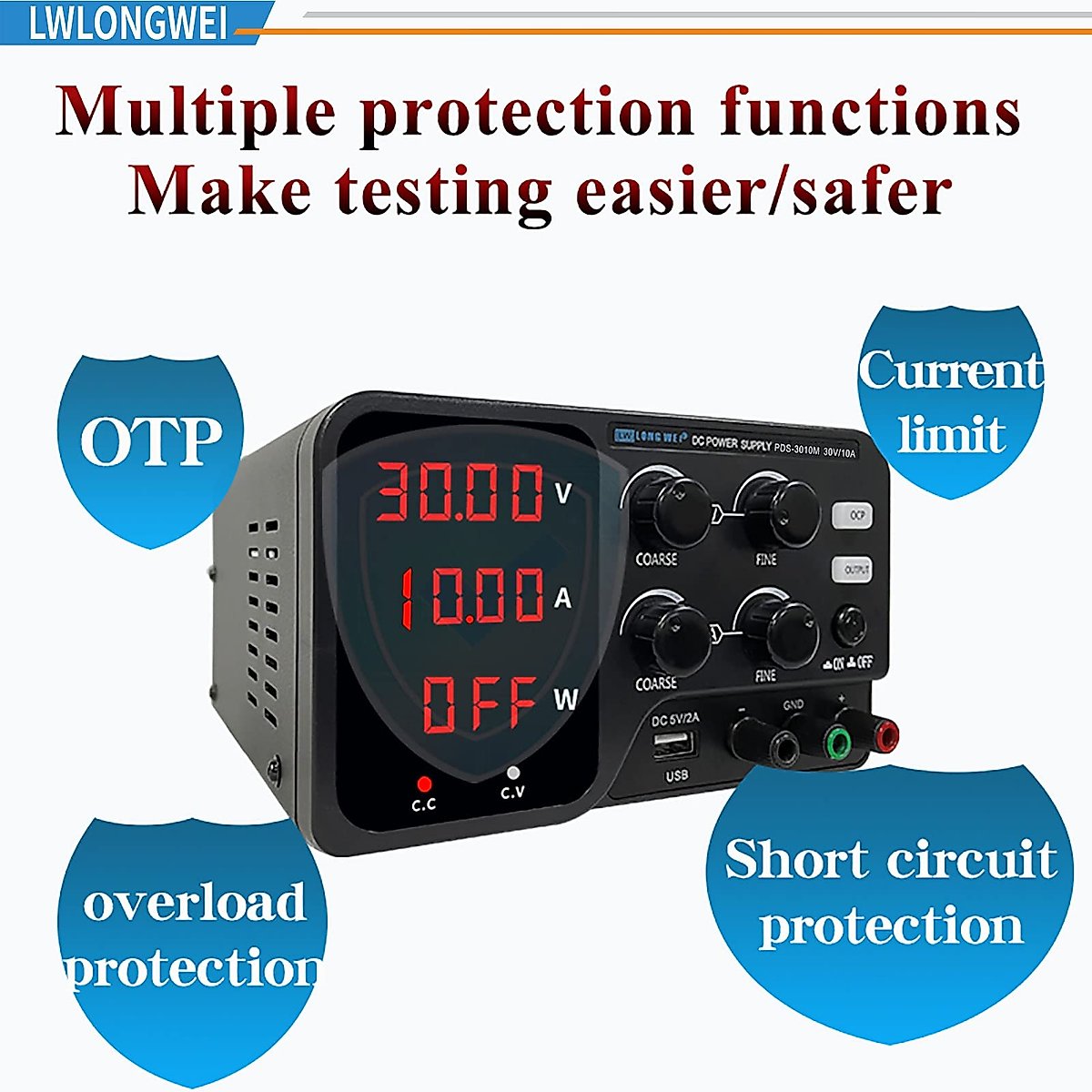 LWLONGWEI DC Power Supply Variable,30V 10A Adjustable Switching Regulated DC Bench Power Supply with 4-Digits LED Power Display 5V/2A USB Output, Coarse and Fine Adjustments Black