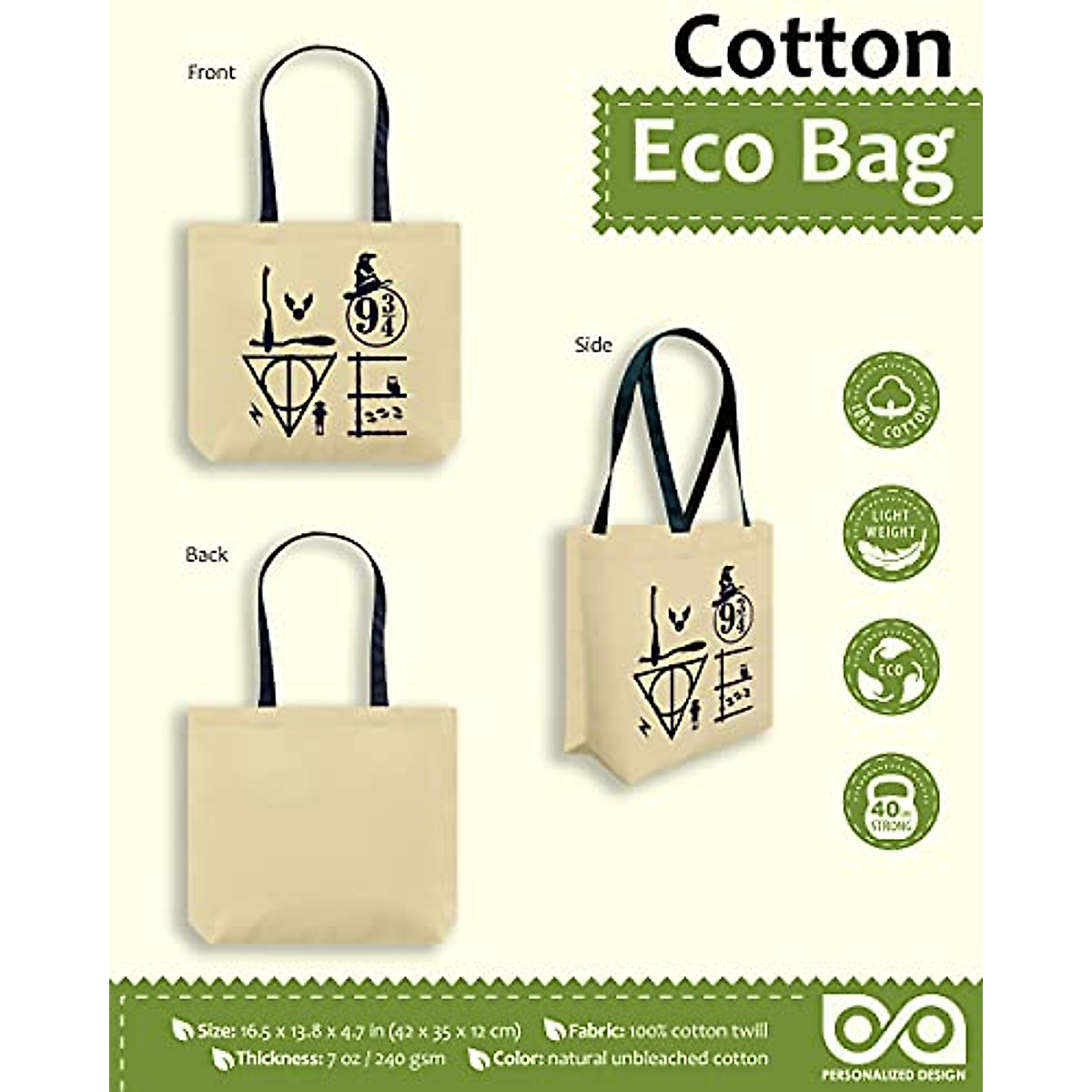 Personalized.Design Tote Bag Harry Potter Love - Reusable Cotton Canvas Organic Shoulder Craft Bag, ECBG-007, Beige, Large