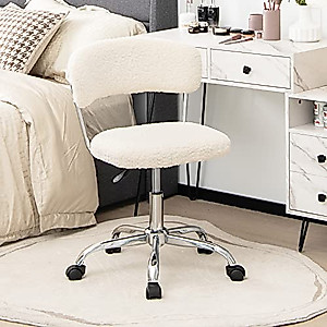 Giantex Home Office Chair, Faux Fur Low Back Swivel Leisure Chair w/Height Adjustable Padded Seat, Rolling Armless Vanity Chair w/Galvanized Steel Frame for Bedroom Study Guest Room, White