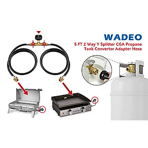 WADEO 5 FT Propane Splitter Hose, Propane Y Splitter 2 Way with Shut Off Valve, Propane Hose Adapter 1lb Portable Appliance to QCC1/Type1 20lb Propane Tank for Gas Grill, Heater, Fire Pit, 350PSI