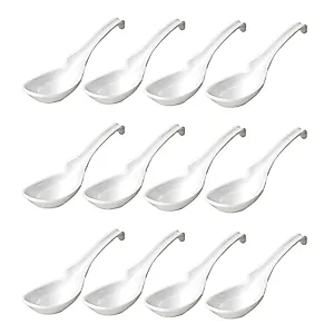 JapanBargain 2777, Set of 12 Chinese Soup Spoons Asian Korean Japanese Wonton Soba Rice Pho Ramen Noodle Spoon Notch and Hook Ladle Style Spoon, White Color
