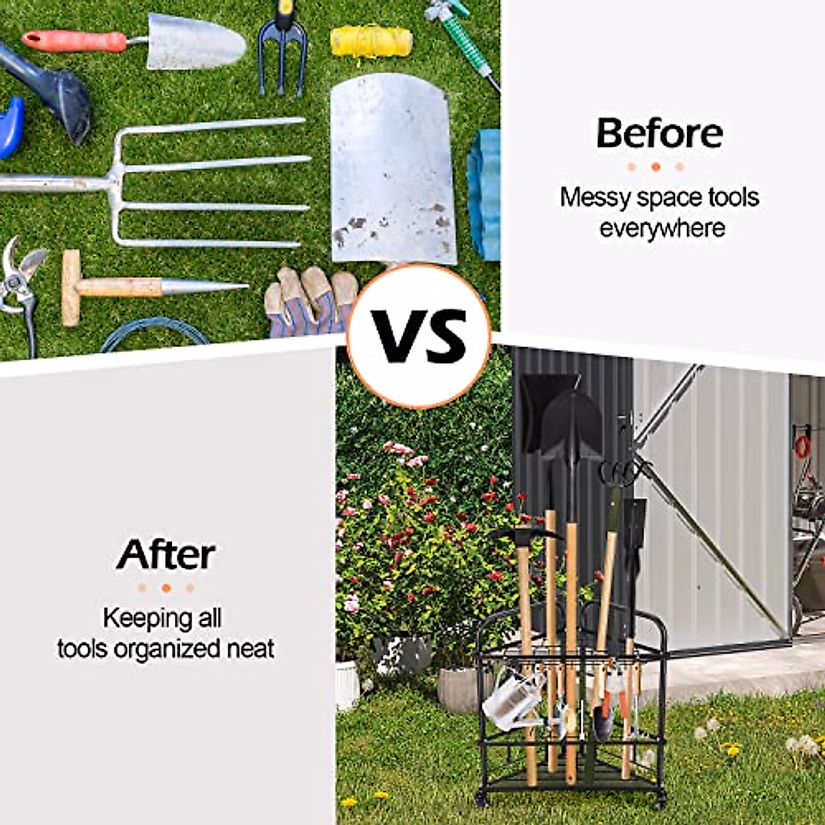 tonchean Garden Tool Organizer With Wheels Iron Corner Tool Storage Rack Rolling Corner Tool Storage Rack Easy To Install For Shed, Garage, Garden, Black