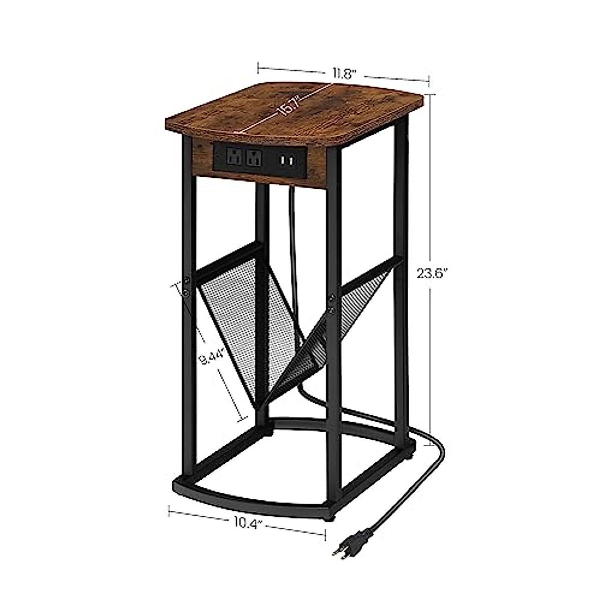 Hzuaneri Side Table with Charging Station, End Table with V-Mesh Magazine Holder, Industrial Record Player Stand with CD Album Storage Shelf, Rustic Brown and Black ET05401B