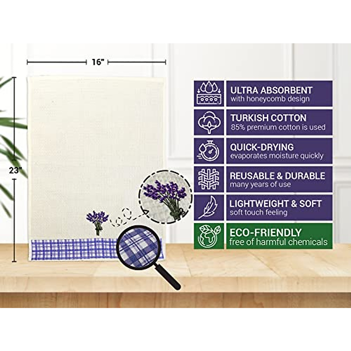 Lavien Home, Dish Towels for Kitchen Lavender Embroidered Absorbent and Soft Turkish Cotton Waffle Weave (Set of 4), Boho Farmhouse Decor with Plaid 16 x 23 inches