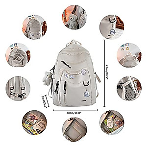 RUBIL Cute Aesthetic Backpacks for Teens Laptop White/Black Kawaii Backpack with Bear Pendant Middle School Bag Student Book Bags