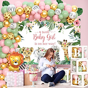 Fiesec Safari Baby Shower Decorations for Girl, Jungle Themed Décor Backdrop Balloon Garland Arch Artificial Leaves Box Cutout Glitter Banner Cake Topper Sash Lion Cheetah Giraffe Pink 140 PCs
