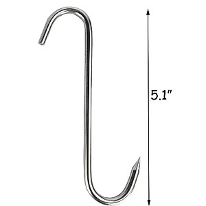 Tinsow 2pcs Stainless Steel Double Hooks + 3pcs S-Hooks for Bacon Hams Meat Processing Butcher Hook Hanging Drying BBQ Grill Cooking Smoker Hook Tool
