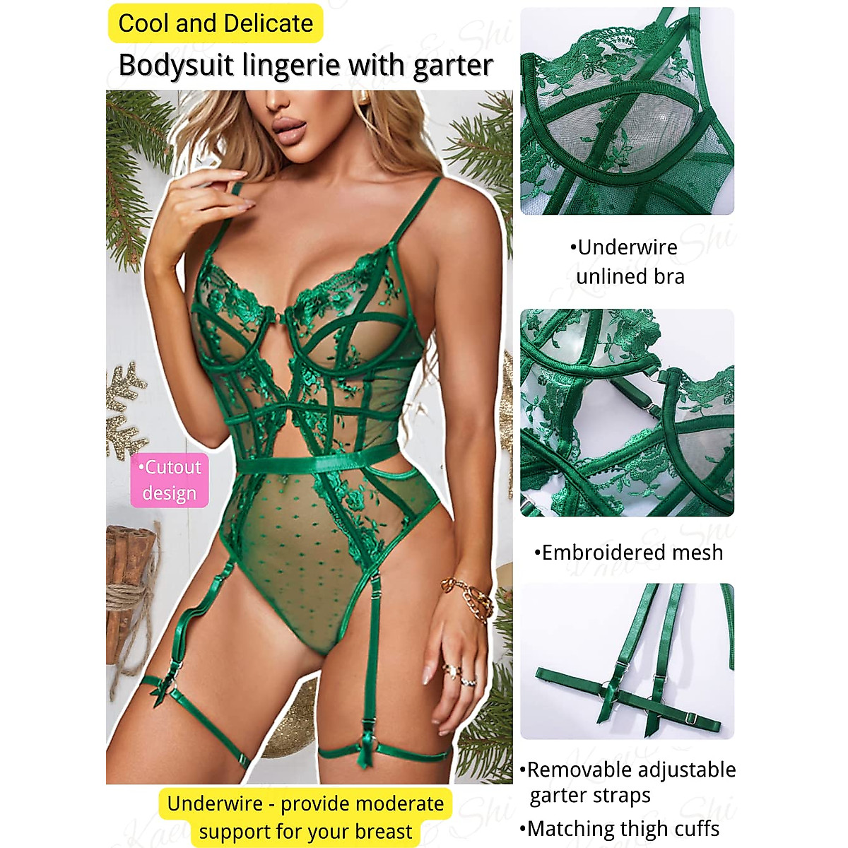 Kaei&Shi Bodysuit Lingerie for Women,Plunge Underwire Floral Lace Teddy Lingerie,Sexy Cutout Thong One Piece Body Suit with Garter St Patricks Dark Green Medium