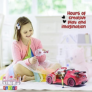 Play22 Pink Convertible 2-Seater Vehicle Doll Accessories with Lights and Sounds 10 Pc - Car for Dolls Set - Toy Car Includes Helicopter Doll, 2 Figurines, Dining Table Set - Great Gift