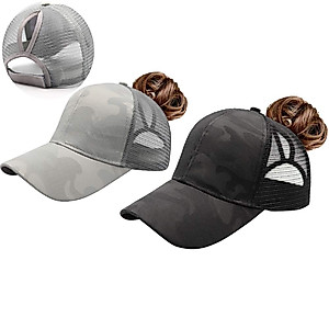 Womens Ponytail Messy High Buns Trucker Ponycaps Plain Baseball Cap Dad Hat Adjustable Snapback (001-2packs(Black camo+Grey camo), One Size)