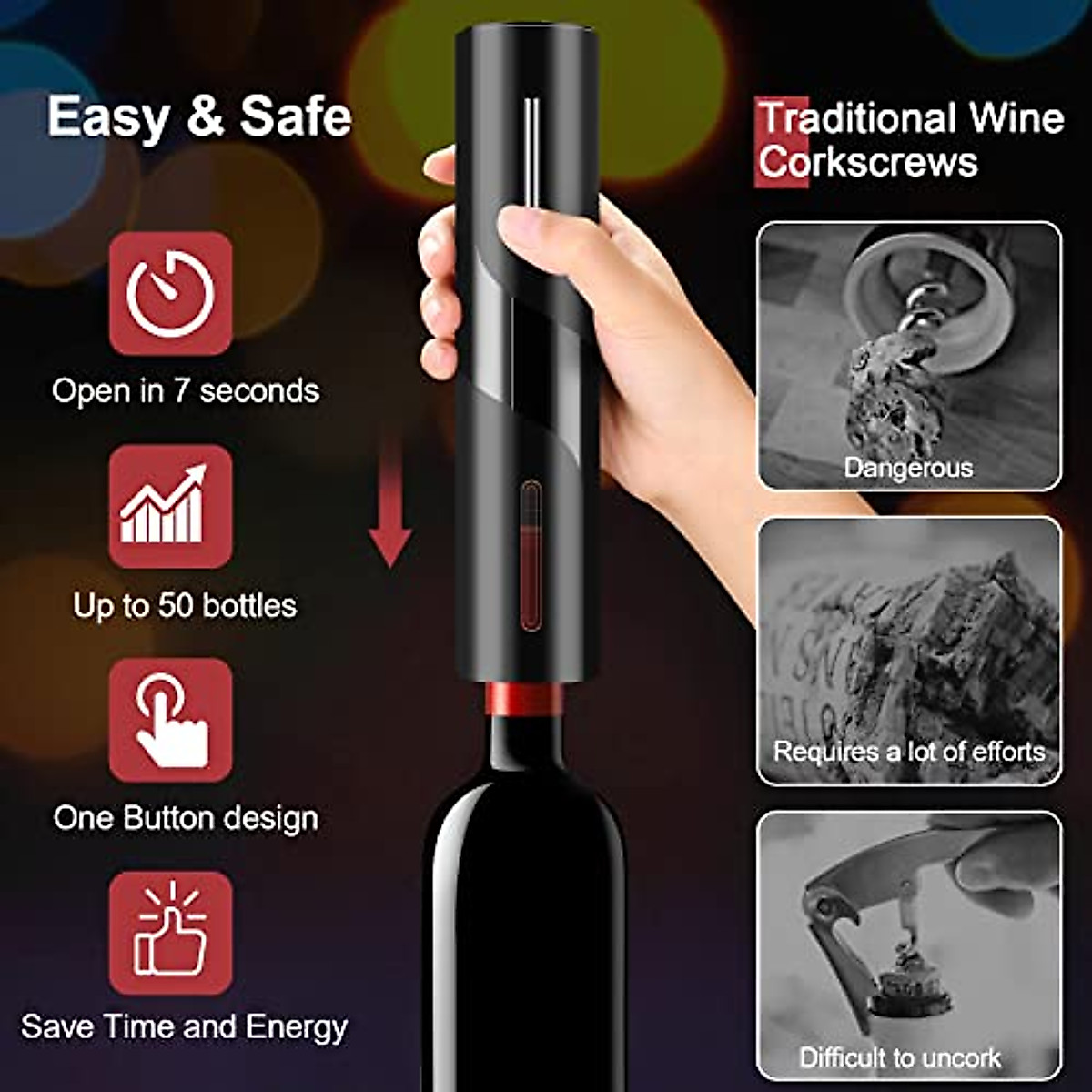 Electric Wine Opener Set ,Wine Bottle Opener Gifts for Home Kitchen,Wine Gifts for Wine Lovers, 5 in 1 Automatic Wine Bottle Opener with Foil Cutter Vacuum Stoppers Pourer