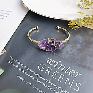 Amethyst Bangle Bracelet, Gold Plated Wire Wrap Natural Purple Crystal February Birthstone Bracelet Cuff for Women, Handmade Adjustable Irregular Raw Gemstone Large Wrists, 0.8’’~1.4’’