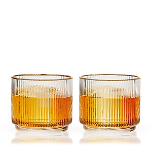 Viski Meridian Crystal Lowball Tumblers, Art Deco Whiskey Glasses, Crystal Scotch Glasses, Crystal Old Fashioned Glasses, Ribbed Glassware 12oz Set of 2