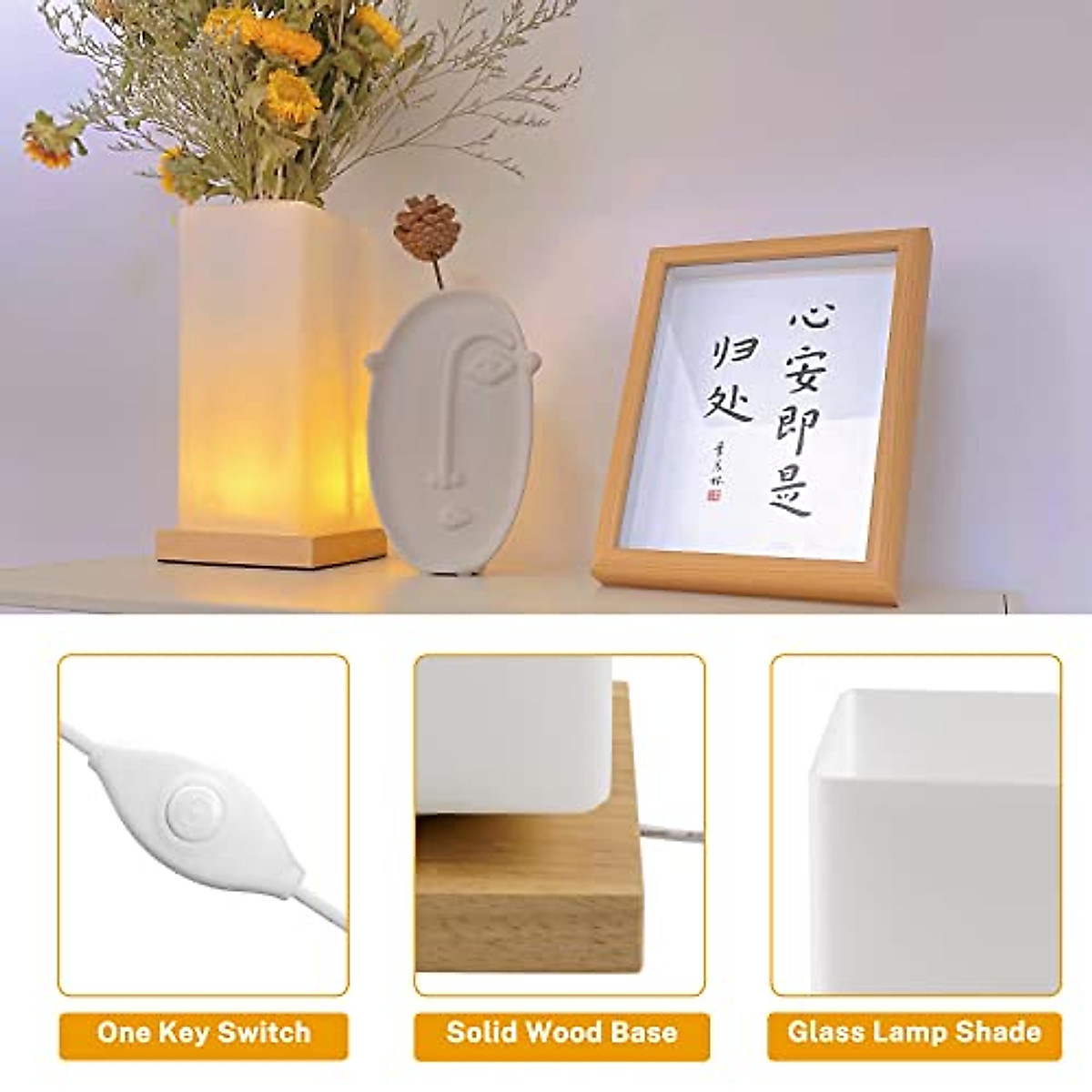 Floresita Vase Lamp Table Lamp USB Charge Flower Lamp Vase Table Lamp Dimmable Bedside Lamp Frosted Glass Shade with Wood Base for Bedroom Living Room Office Desk