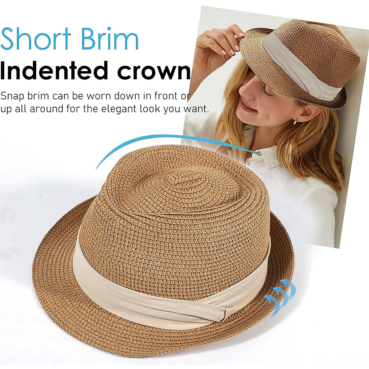 Lvaiz Womens Straw Hat Short Brim Panama Fedora Beach Sun Trilby Hat for Vacation Gentlemen Roll Up Summer Hat A01-khaki L