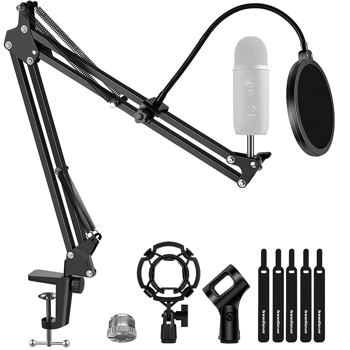 InnoGear Microphone Stand Mic Boom Arm for Blue Yeti HyperX QuadCast S SoloCast Snowball Fifine K669B and other Mic, with Shock Mount Windscreen Pop Filter Mic Clip Holder Cable Ties, Large